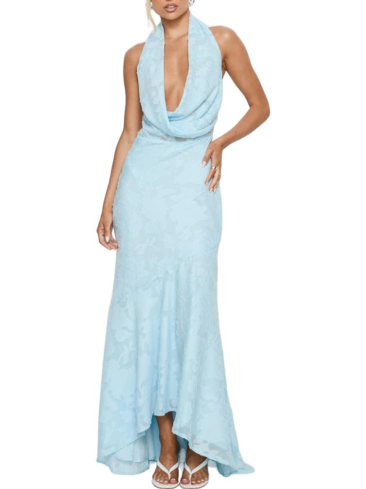 PRINCESS POLLY Princess Polly Halter Neck Cowl Plunge Textured Maxi Dress